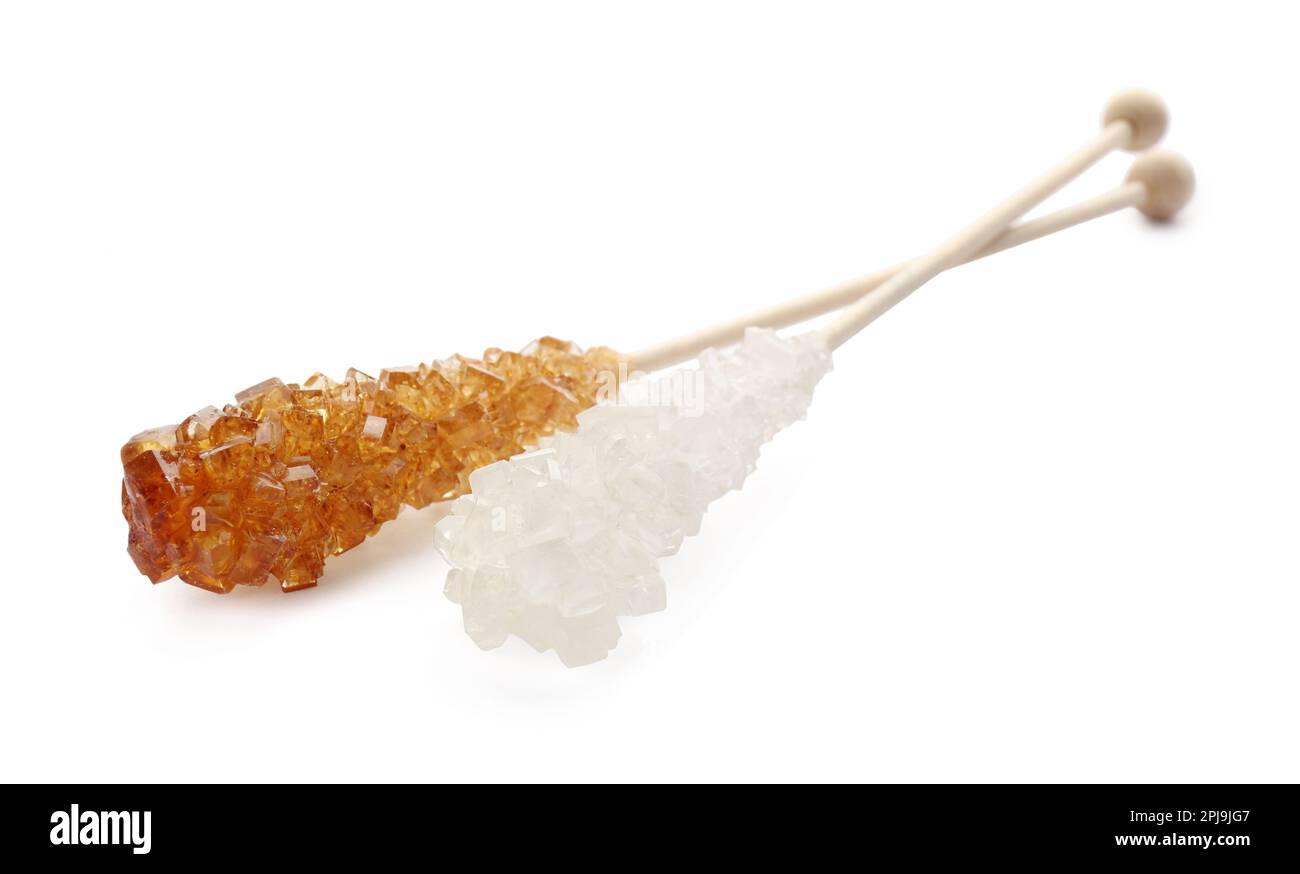 Wooden stick with sugar crystals isolated on white. Tasty rock candy ...