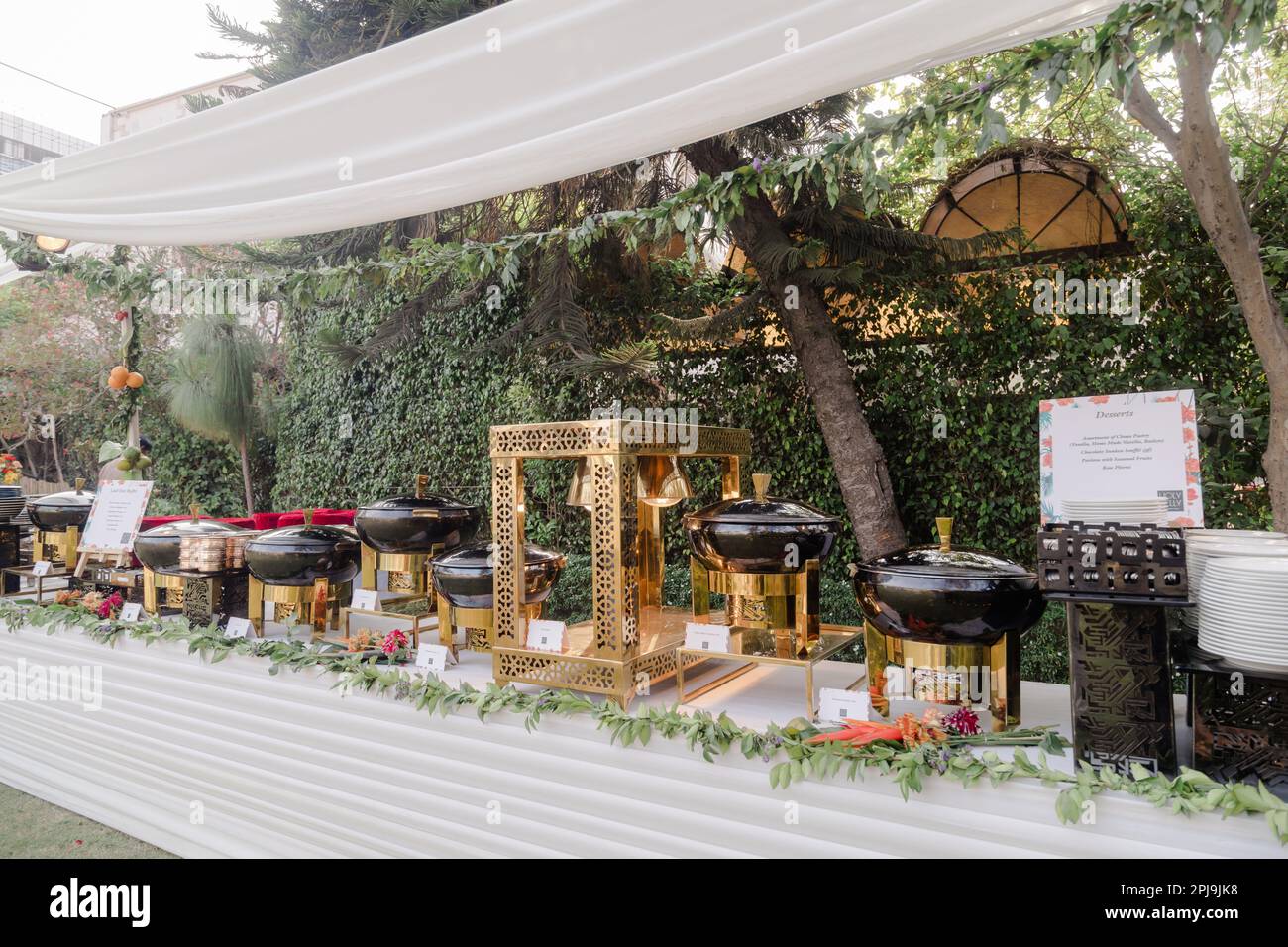 An outdoor buffet featuring a variety of vibrant colored dishes set up ...