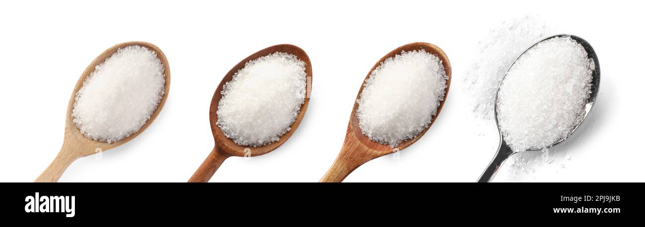 Set with granulated sugar on white background, top view. Banner design ...