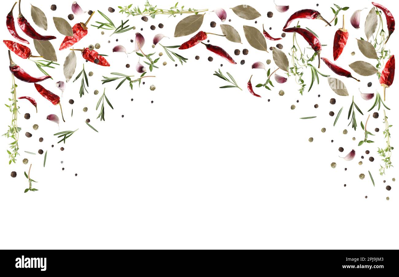 Many different spices flying on white background Stock Photo - Alamy