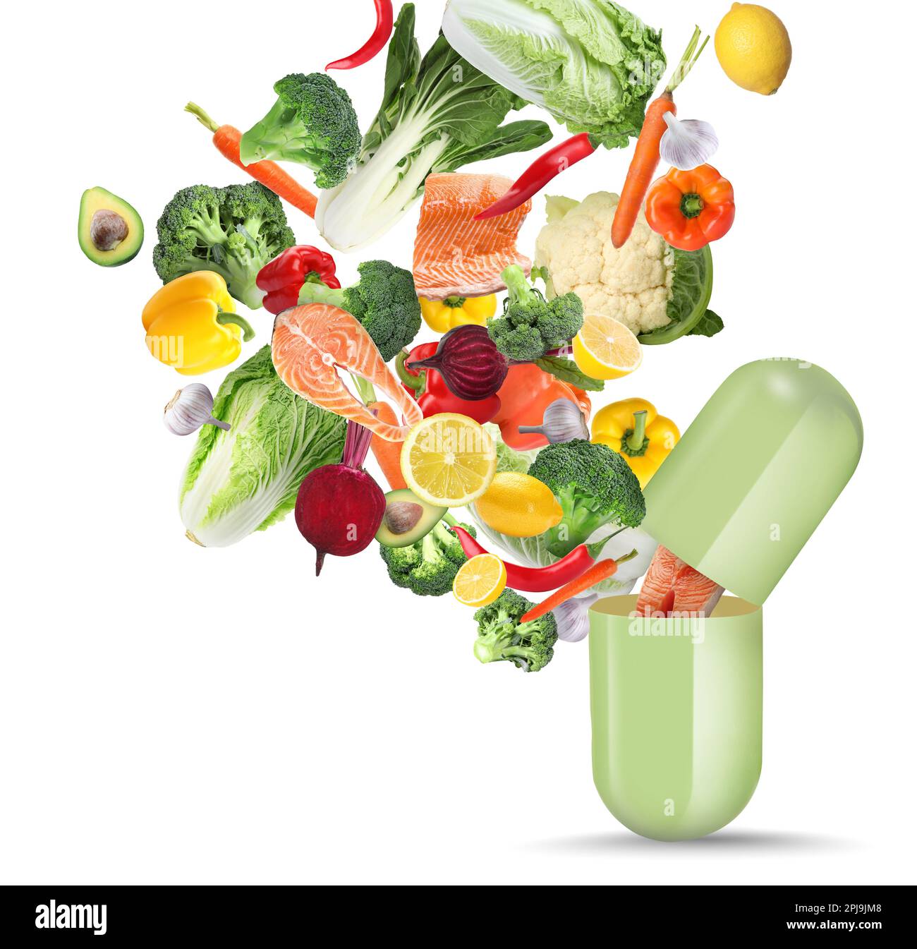 Dietary supplements. Capsule and different fresh vegetables, fruits and fish flying on white ...