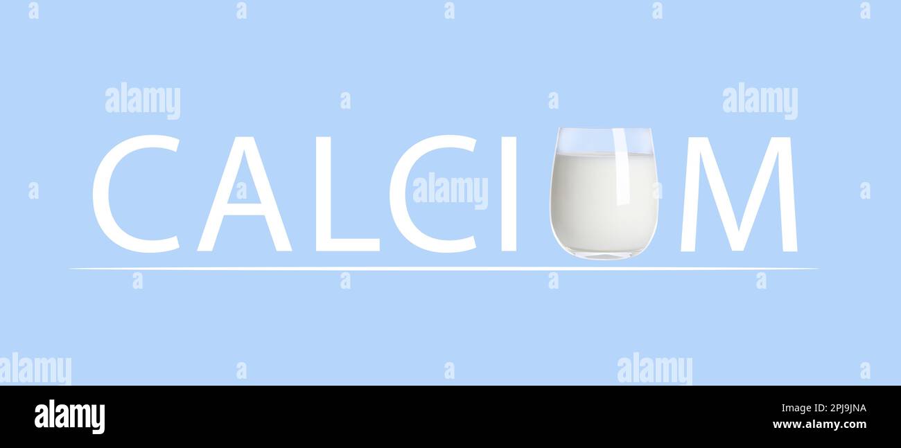 Word CALCIUM made of letters and milk on light blue background, banner ...