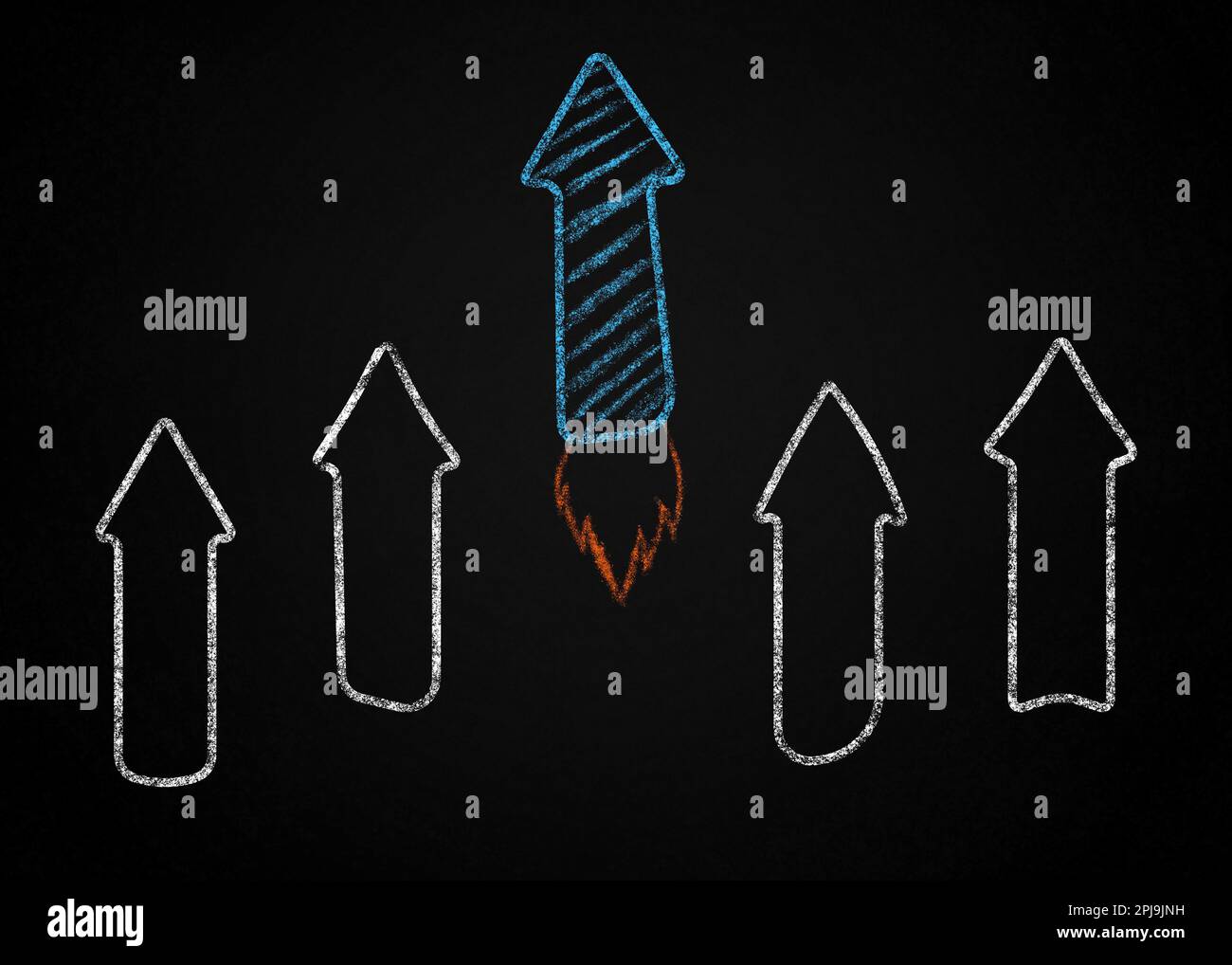 Competition concept. Arrow rocket with flaming outpacing others on ...