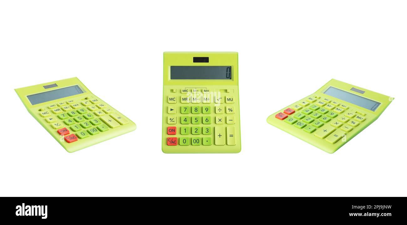 Calculator on white background, views from different sides. Banner ...
