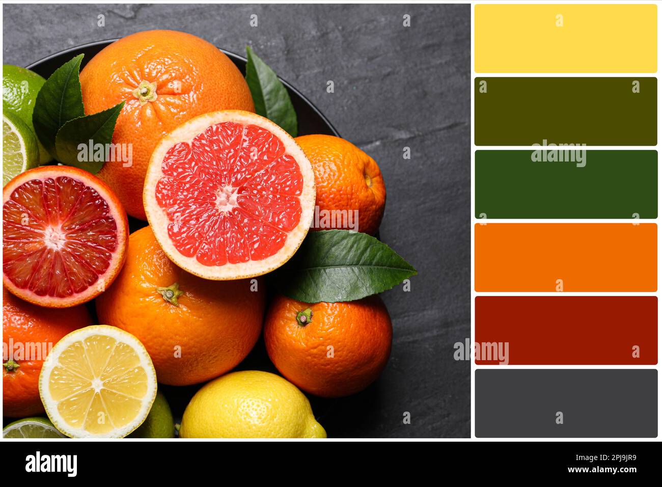 Color palette and different citrus fruits on black table, top view ...