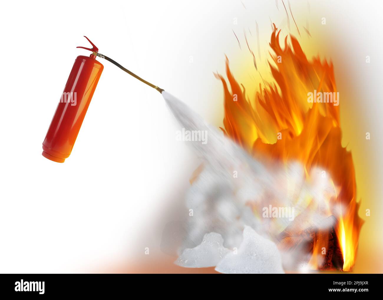 Putting out flame with fire extinguisher on white background Stock ...