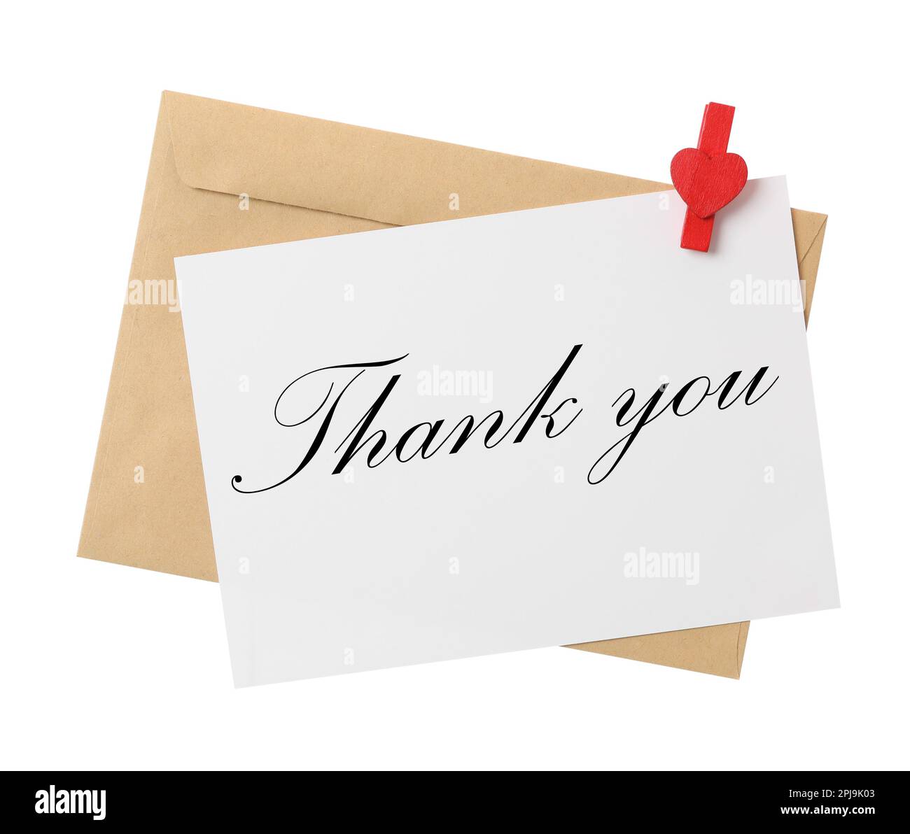 Card with phrase Thank You, envelope and decorative clothespin on white ...