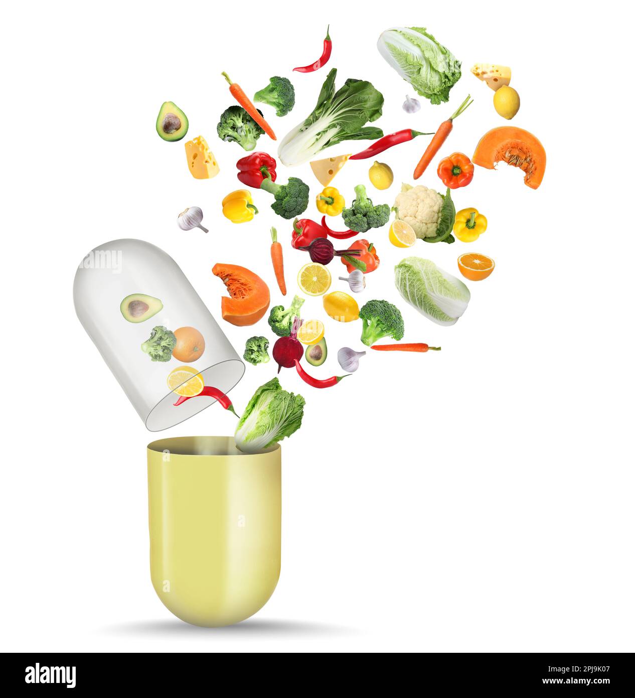 Dietary supplements. Capsule and different fresh products flying on ...