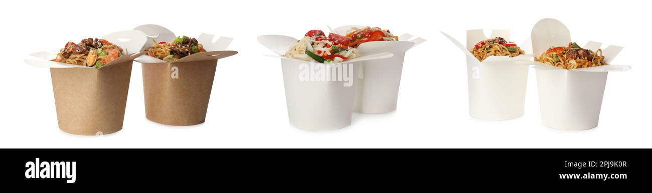 Set with boxes of tasty wok noodles on white background. Banner design ...