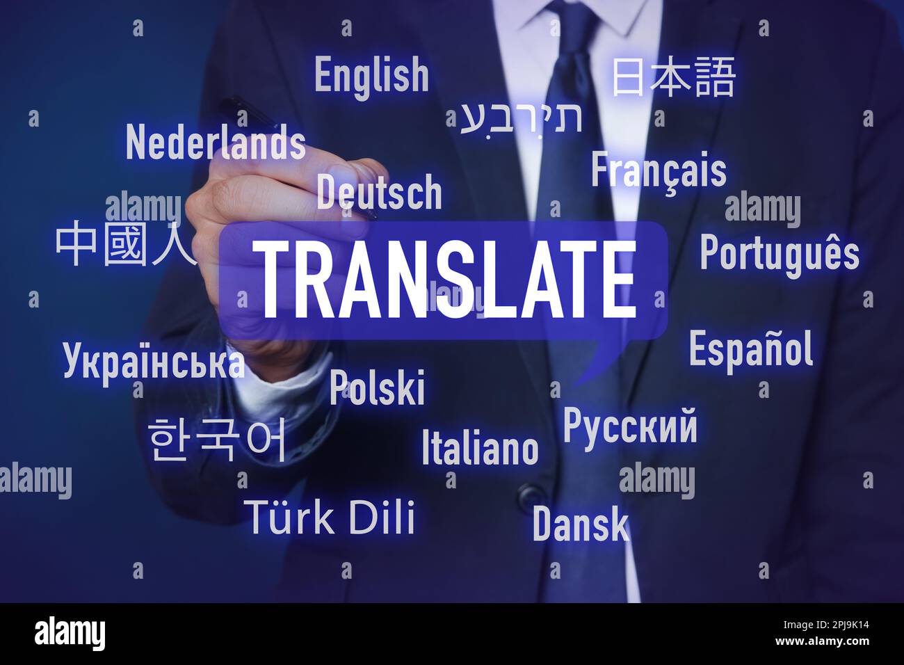 Translator pointing at virtual screen with names of different languages ...