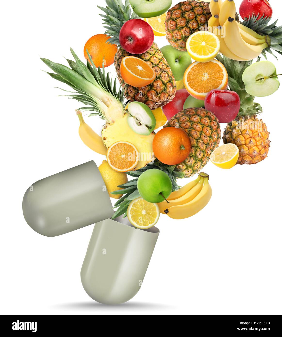 Dietary supplements. Capsule and different fresh fruits flying on white ...