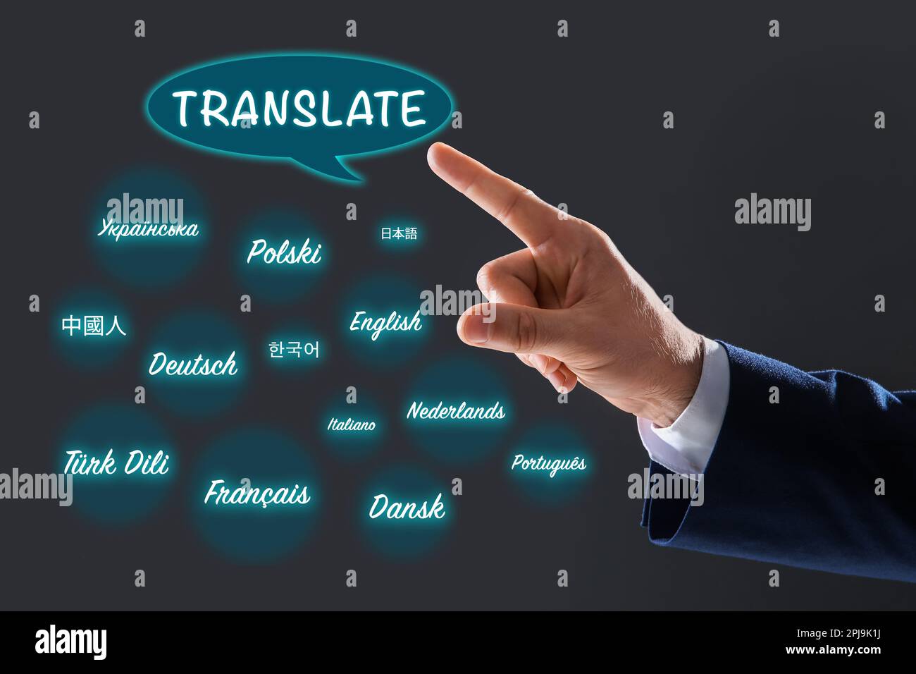 Translator pointing at virtual screen with names of different languages ...
