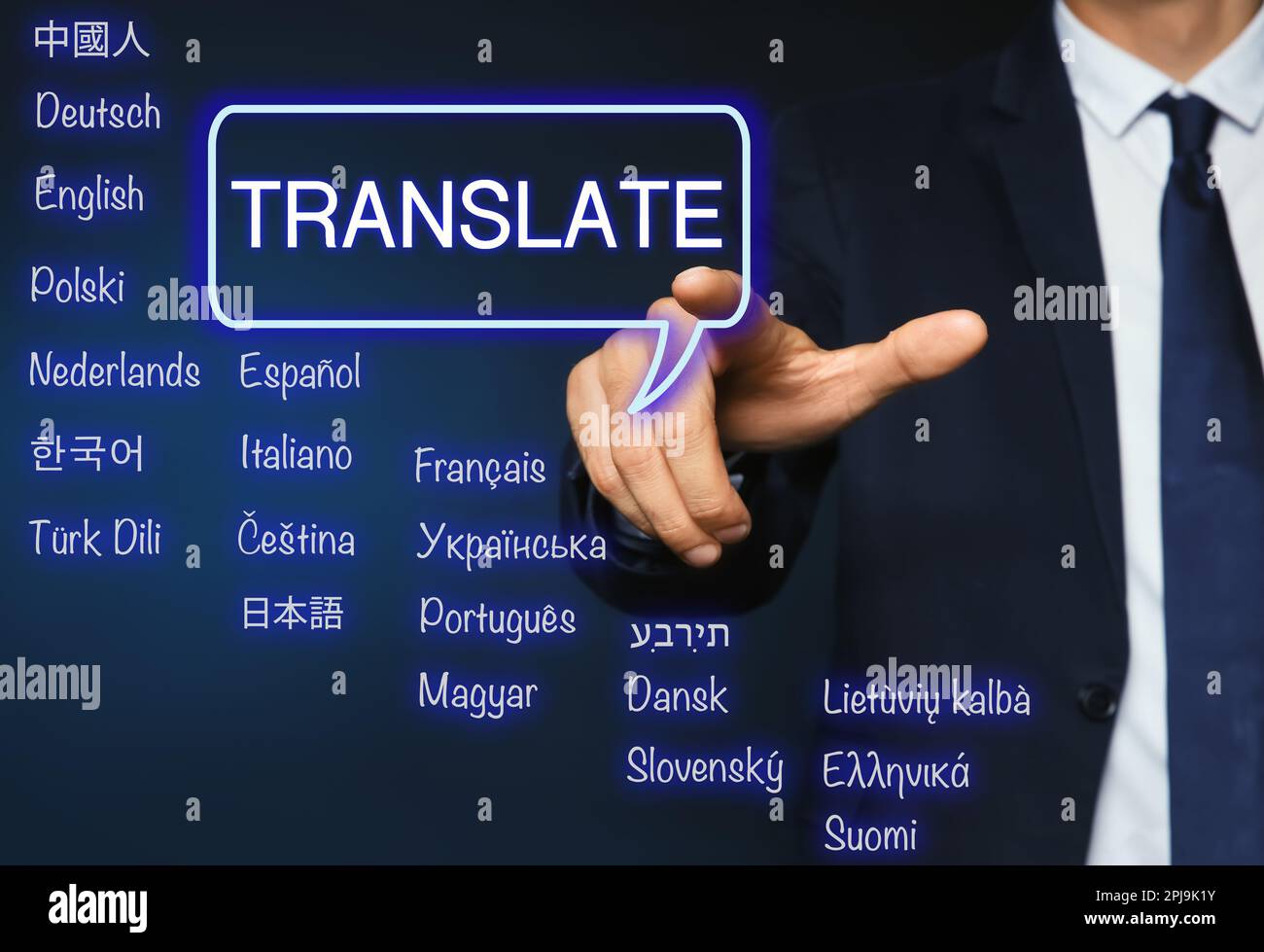 Translator pointing at virtual screen with names of different languages ...