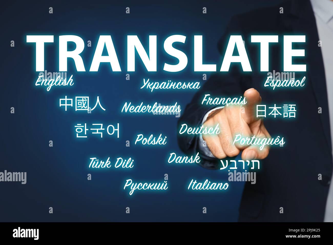 Translator pointing at virtual screen with names of different languages ...
