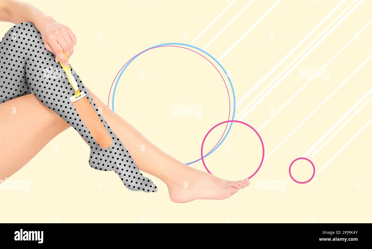 Epilation concept. Young woman removing dotted pattern as hair using ...