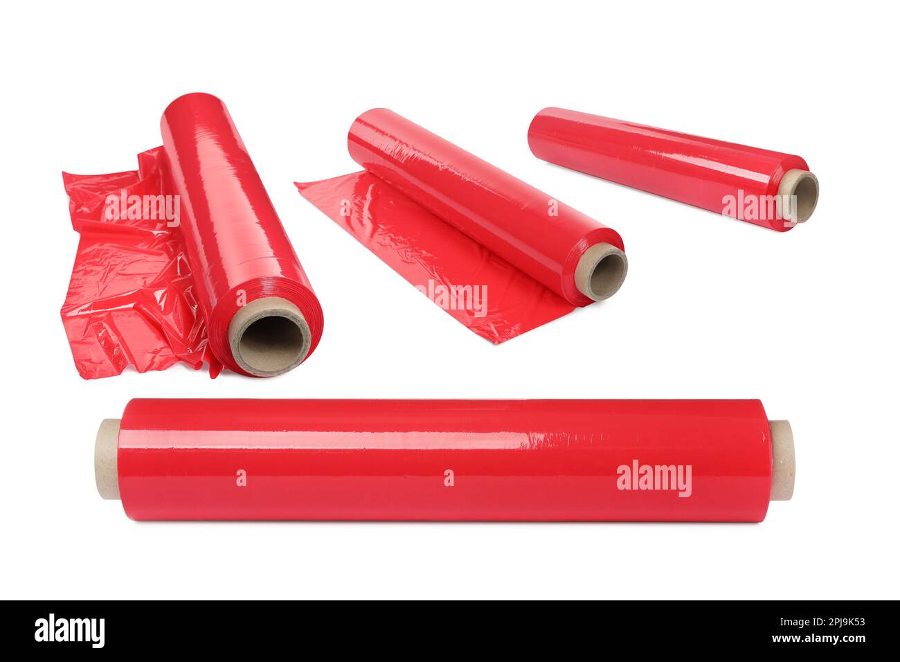 Set with red stretch wraps on white background Stock Photo - Alamy