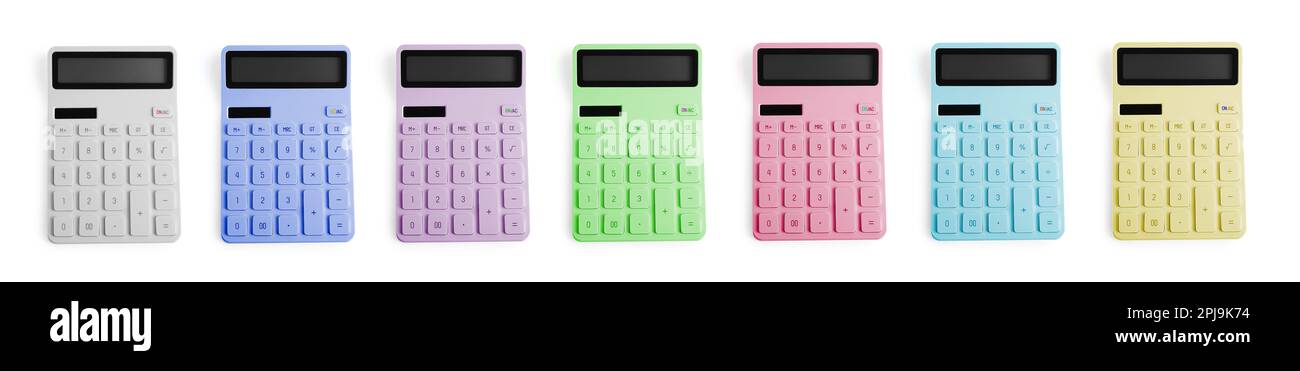 Set with multicolored calculators on white background, top view. Banner ...