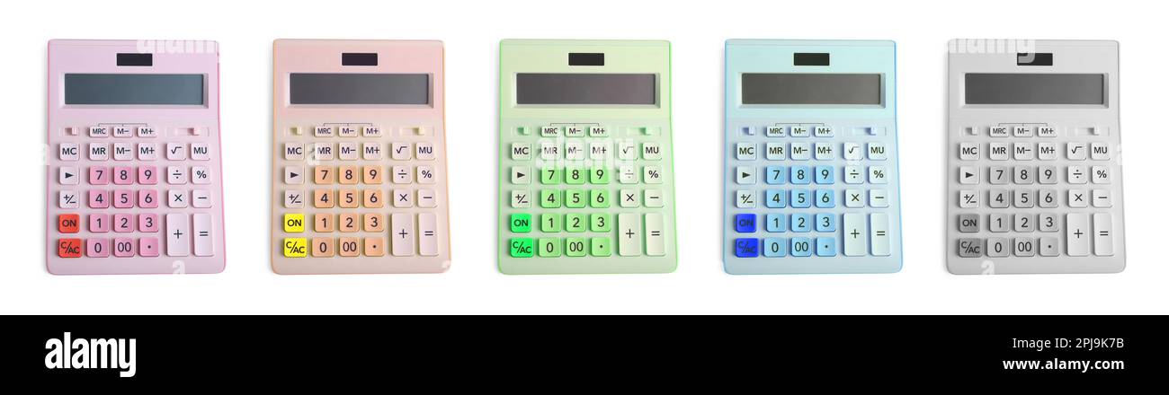 Set with multicolored calculators on white background, top view. Banner ...