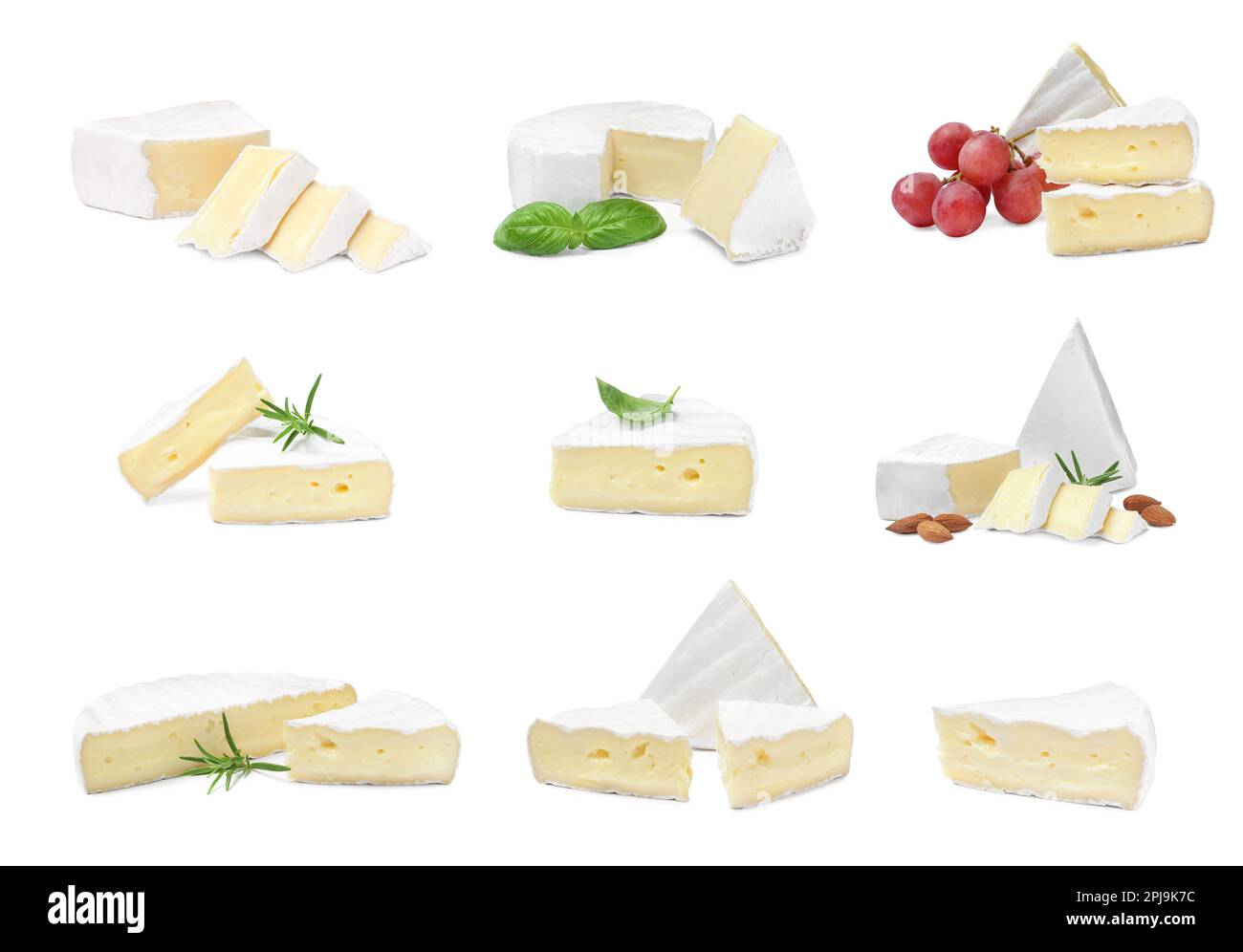 Set with delicious brie cheese on white background Stock Photo - Alamy