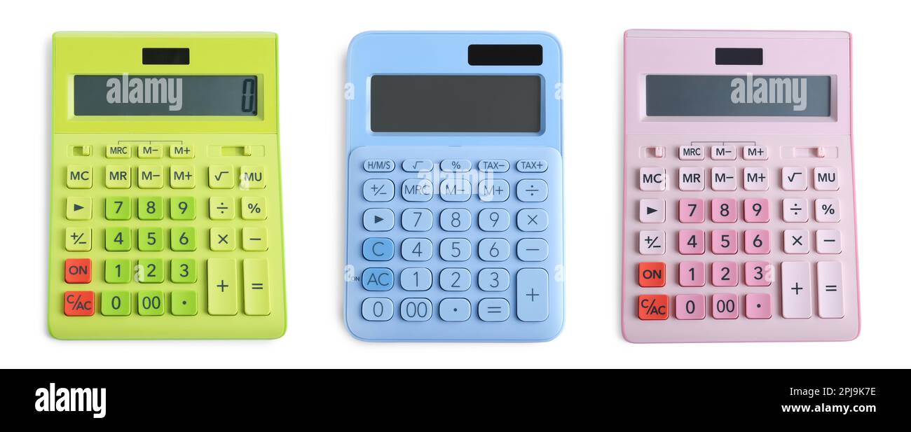Set with different calculators on white background, top view. Banner ...