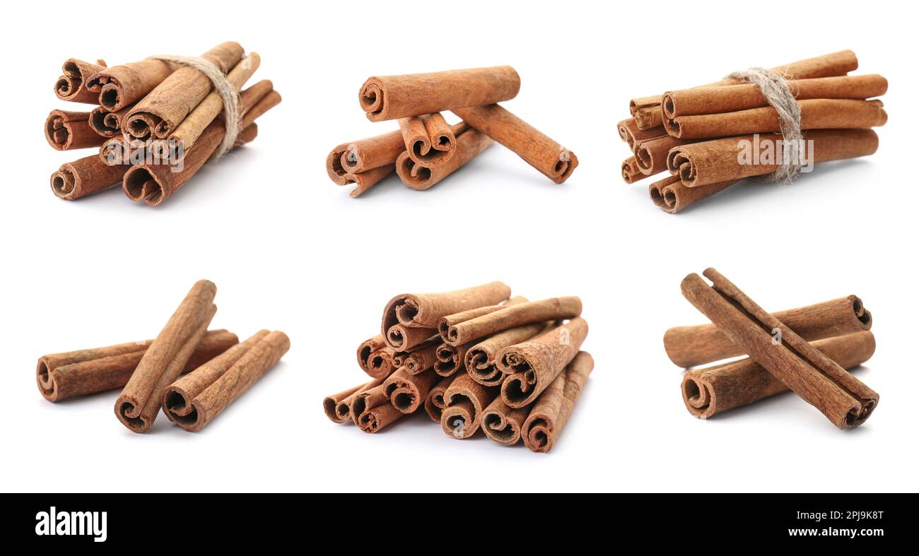 Set with aromatic cinnamon sticks on white background. Banner design ...
