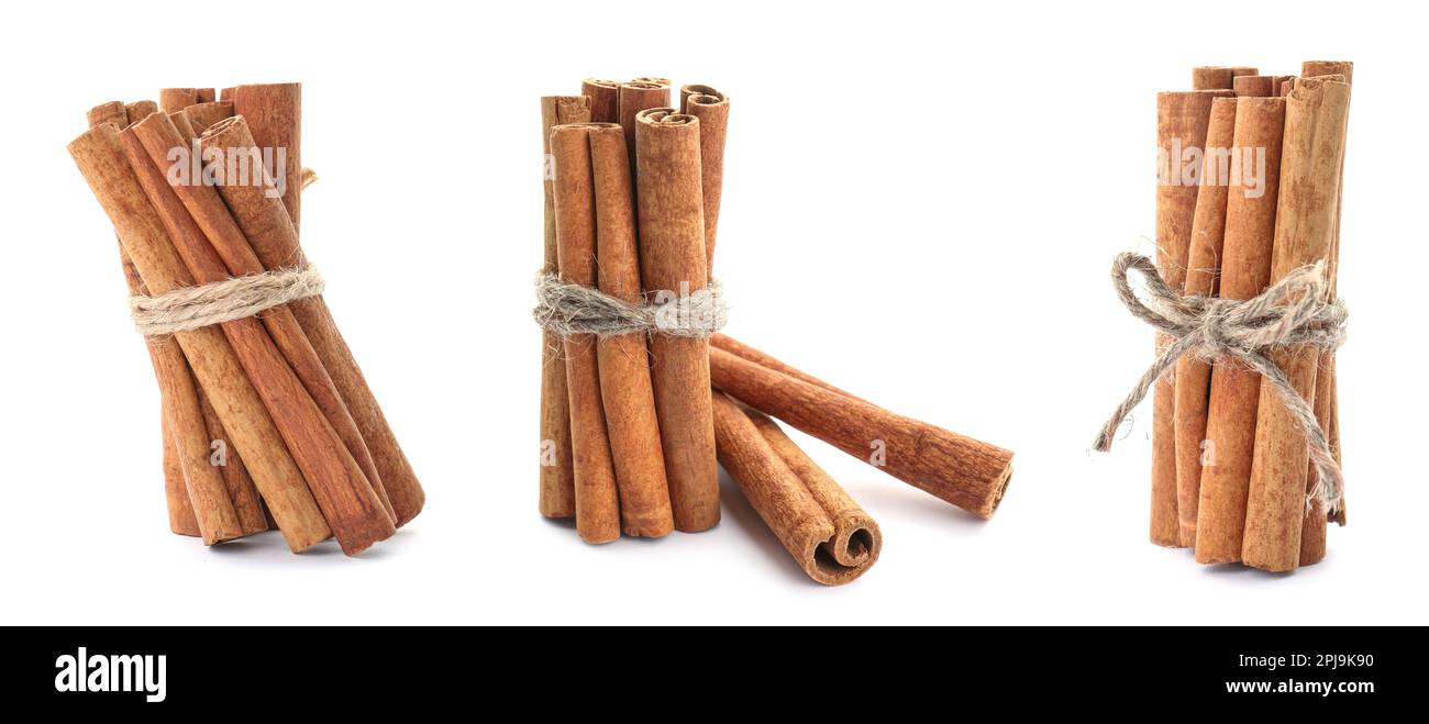 Set with aromatic cinnamon sticks on white background. Banner design ...