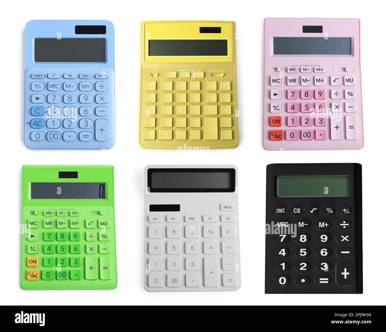 Set with different calculators on white background, top view Stock ...