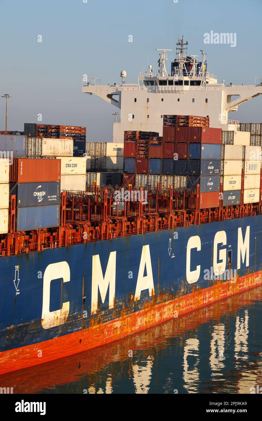 Livorno, Italy - 08 20 2023: Container terminal with stowed containers ...