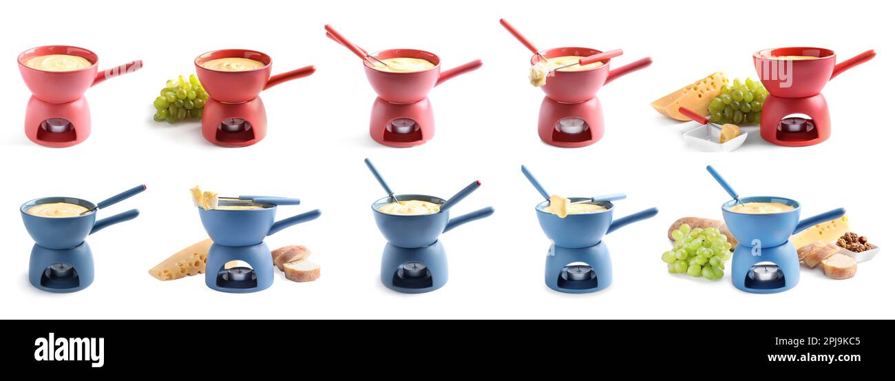 Set with fondue pots with cheese on white background. Banner design ...