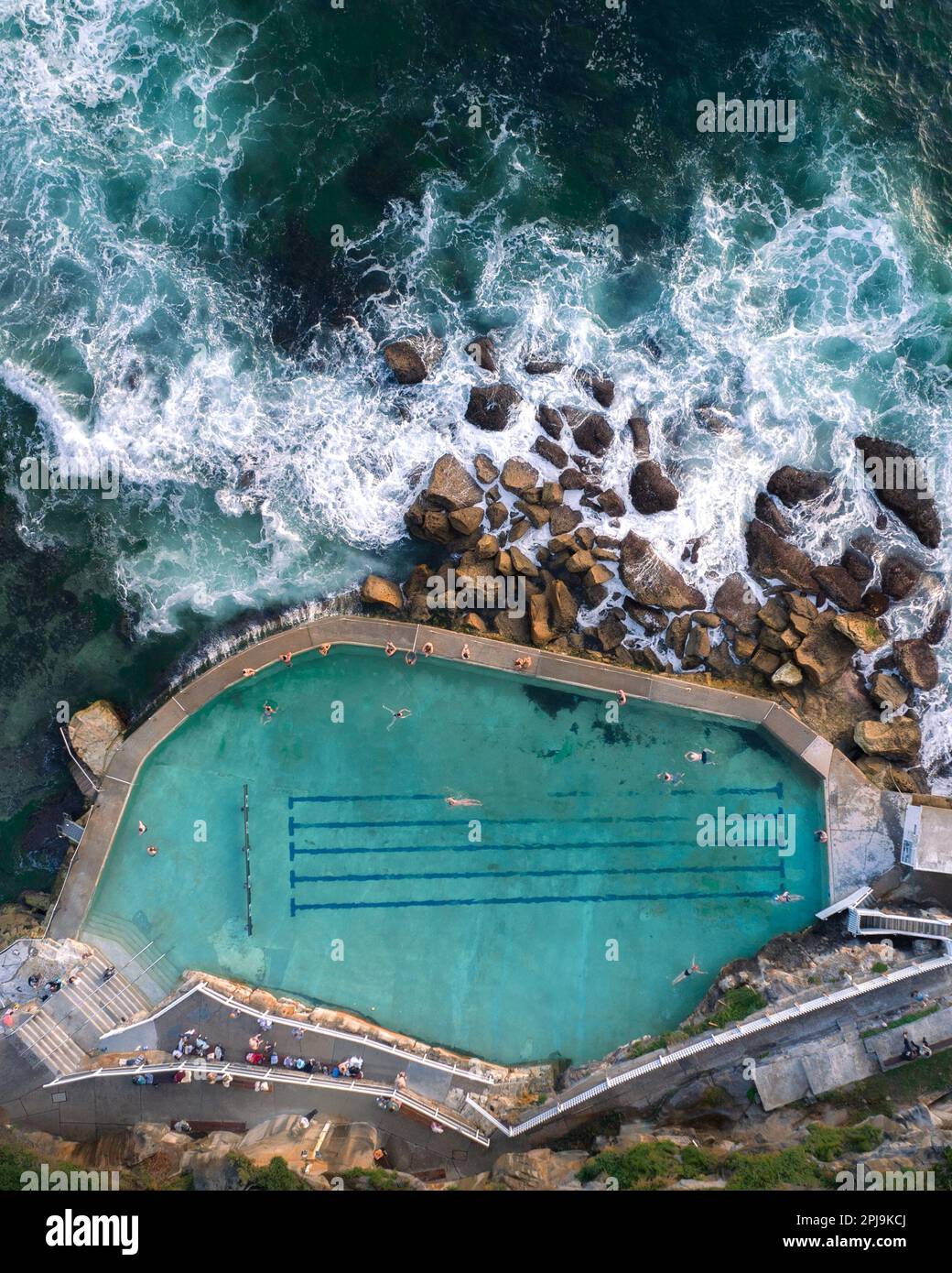 Aerial drone view of Bronte Ocean Pool in Sydney, New South Wales ...