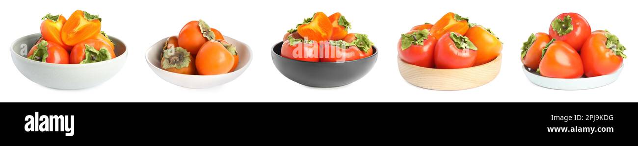 Set with sweet ripe persimmons on white background. Banner design Stock ...