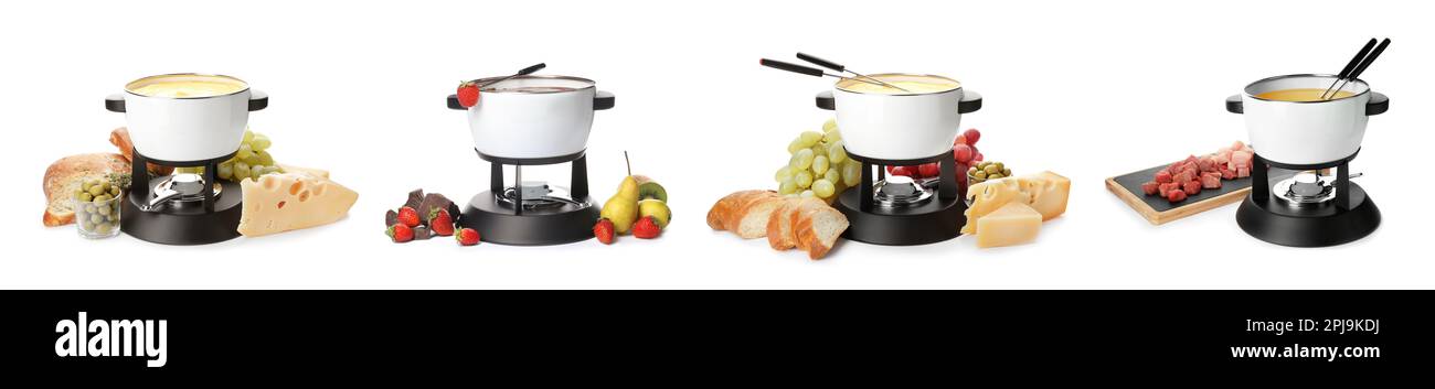Set with different fondue pots and products on white background. Banner ...