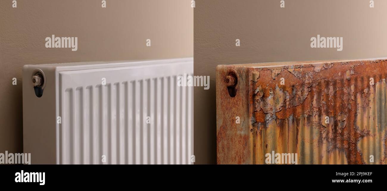 Collage with photos of panel radiator affected by rust and new one on ...