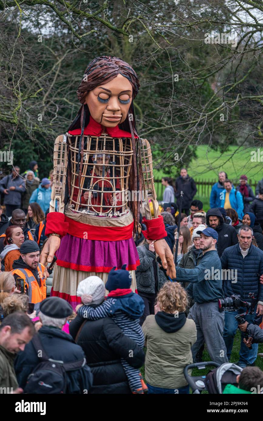 London UK 1 April 2023. Little Amal a 3.5m animatronic giant puppet of ...