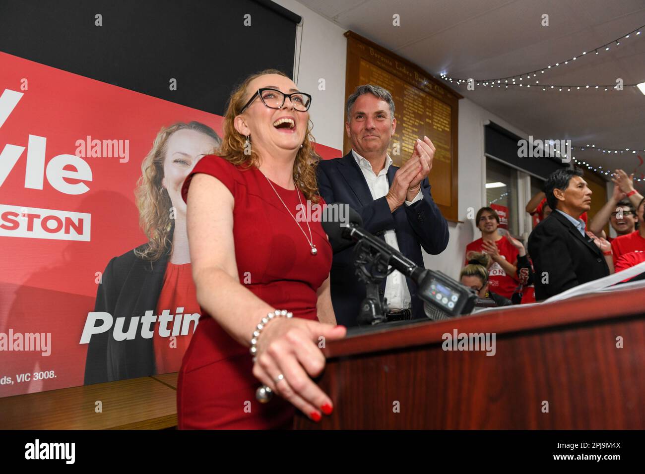 Aston, Australia, 1 April, 2023. Mary Doyle MP takes to the podium with ...