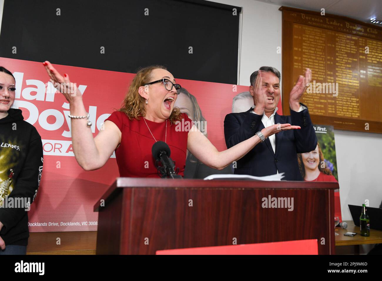 Aston, Australia, 1 April, 2023. Mary Doyle MP takes to the podium with ...