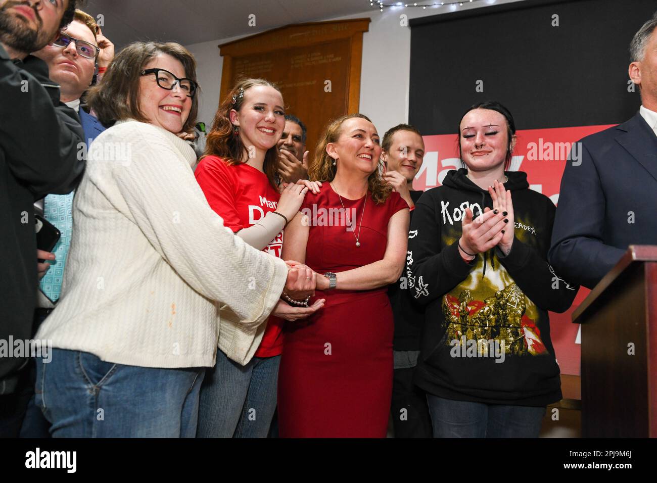 Aston, Australia, 1 April, 2023. Ged Kearney MP and Mary Doyle MP shake ...