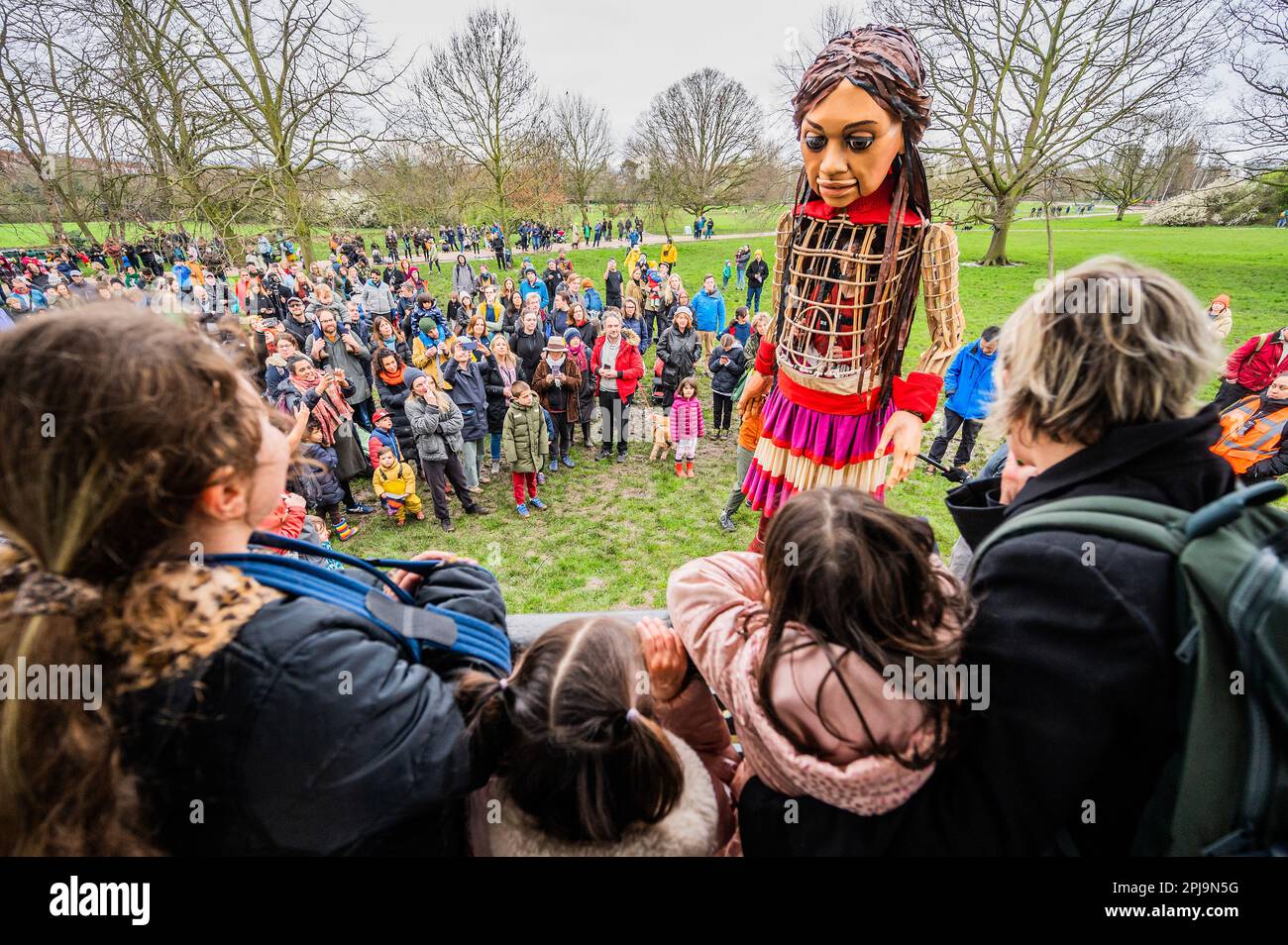 London, UK. 1st Apr, 2023. Little Amal leads a Sponsored Walk through ...