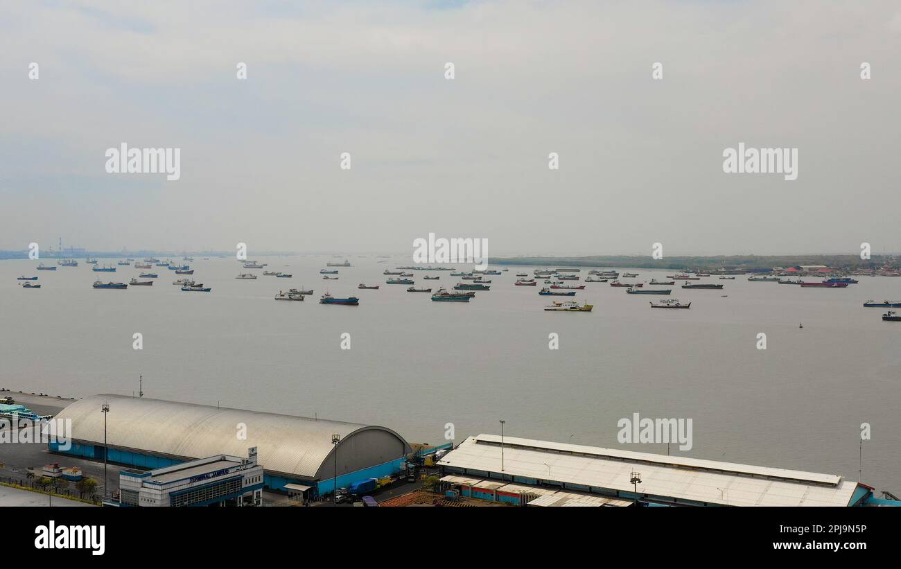 aerial view cargo and passenger seaport with ships Tanjung Perak ...