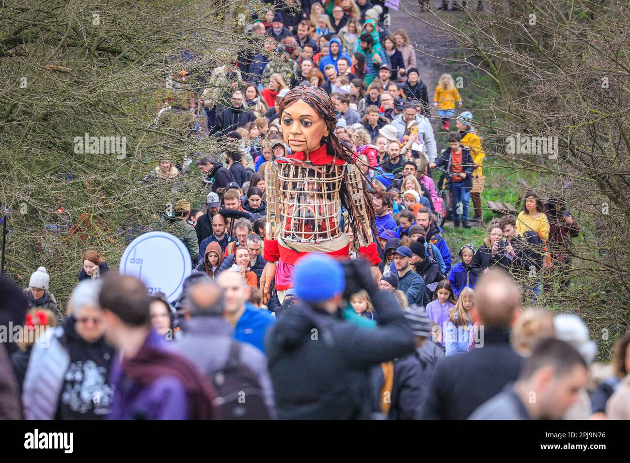 London, UK. 01st Apr, 2023. Little Amal walks up Parliament Hill ...