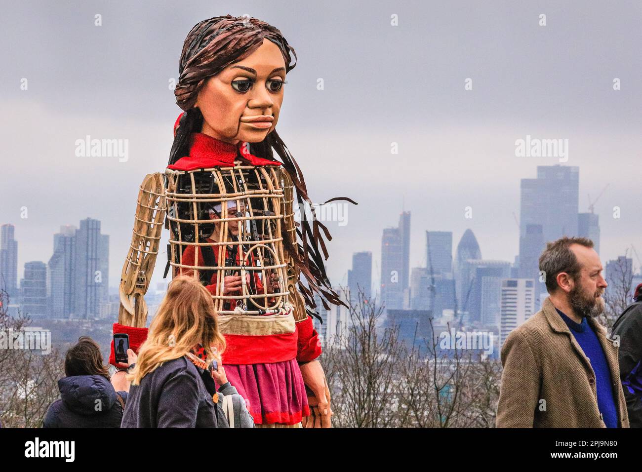 London, UK. 01st Apr, 2023. Little Amal enjoys the panoramic views from ...