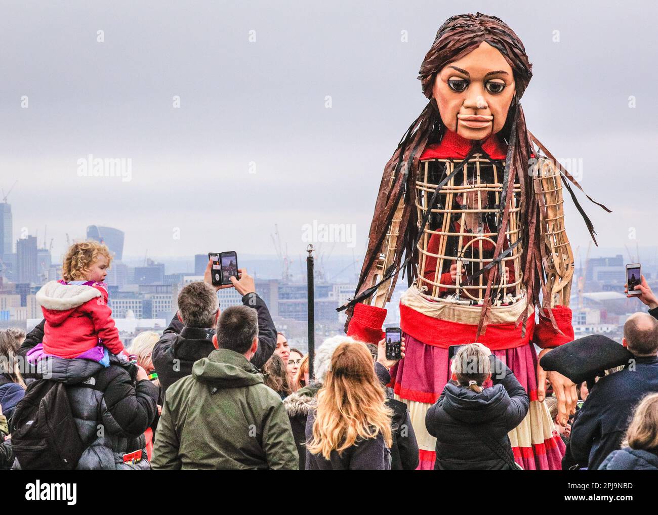 London, UK. 01st Apr, 2023. Little Amal enjoys the panoramic views from ...