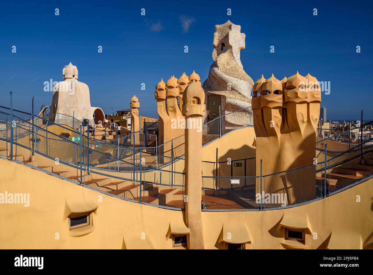 Terrace of the Casa Milà (La Pedrera) with the characteristic chimneys designed by Antoni Gaudí ...