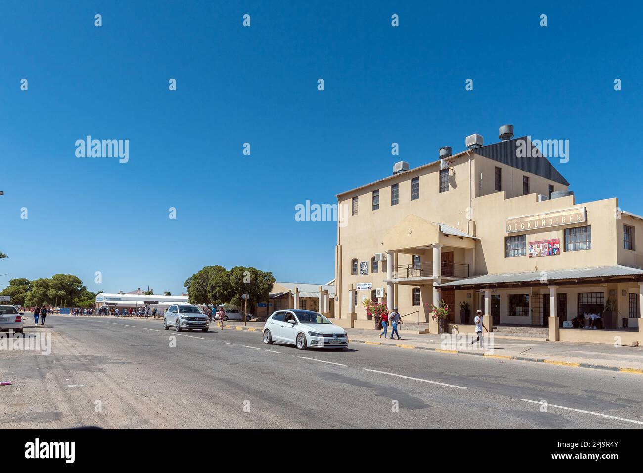 Kakamas, South Africa - Feb 25, 2023: A street scene, with the old mill ...