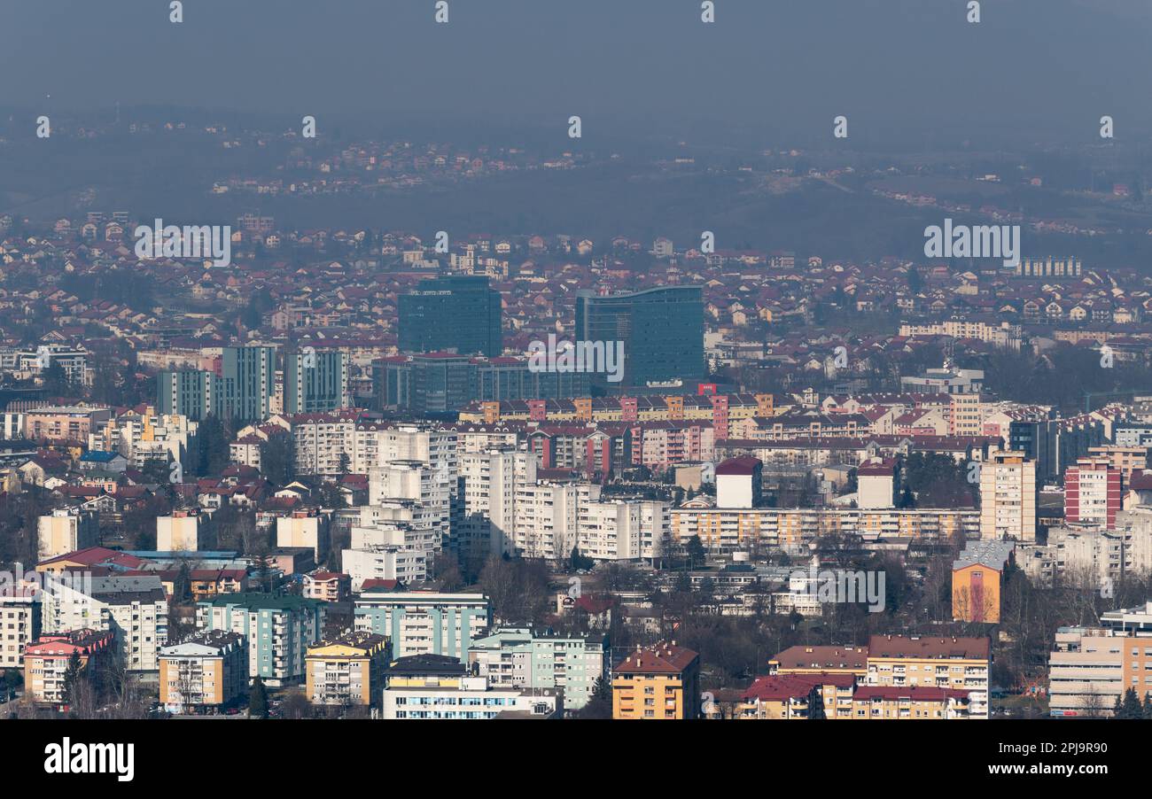 Cityscape of Banja Luka during sunny day, distant hill fade in hazy ...