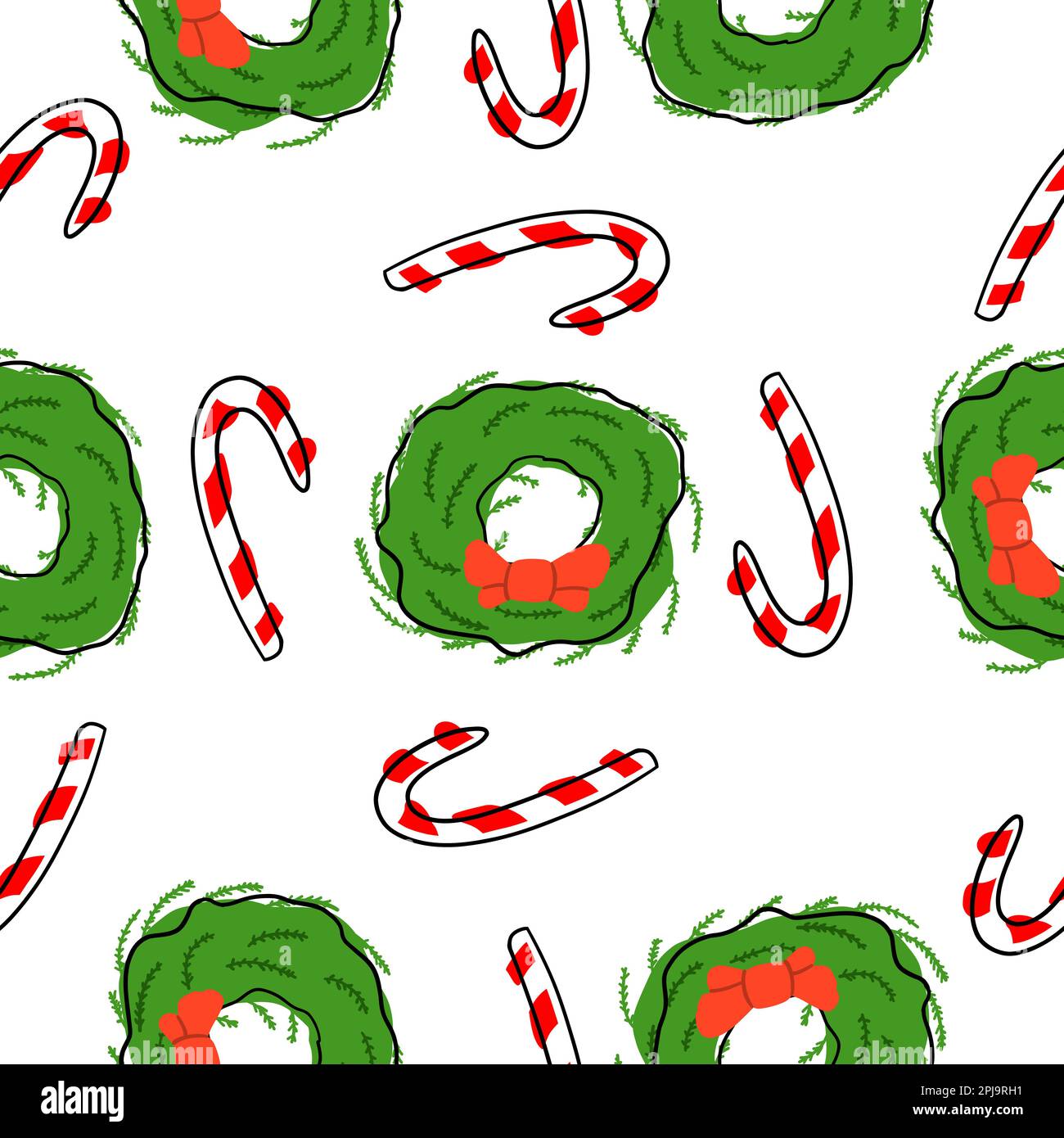 Candy cane and wreath in cartoon flat style. Vector seamless pattern ...