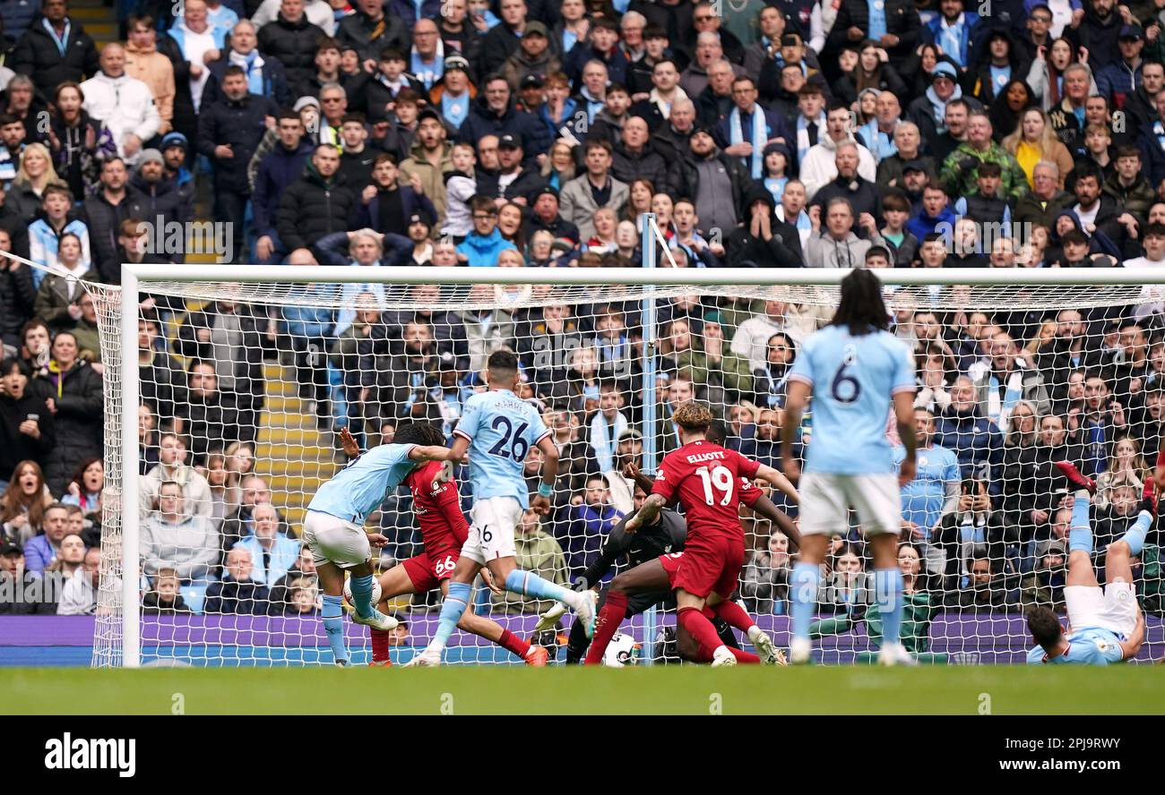 Manchester City's Ilkay Gundogan scores their side's third goal of the ...