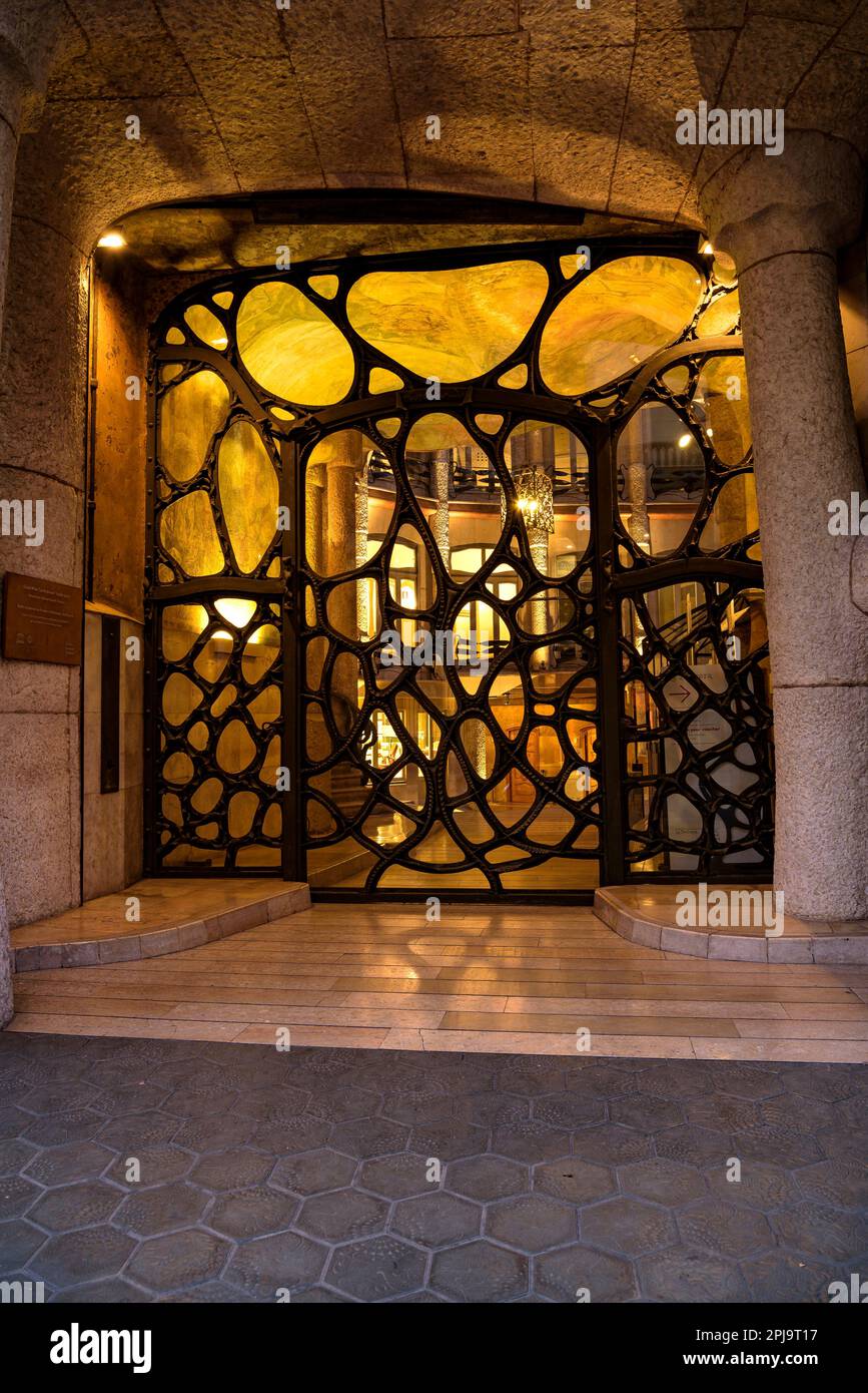 Wrought iron gate at the entrance of Casa Milà (La Pedrera) designed by ...