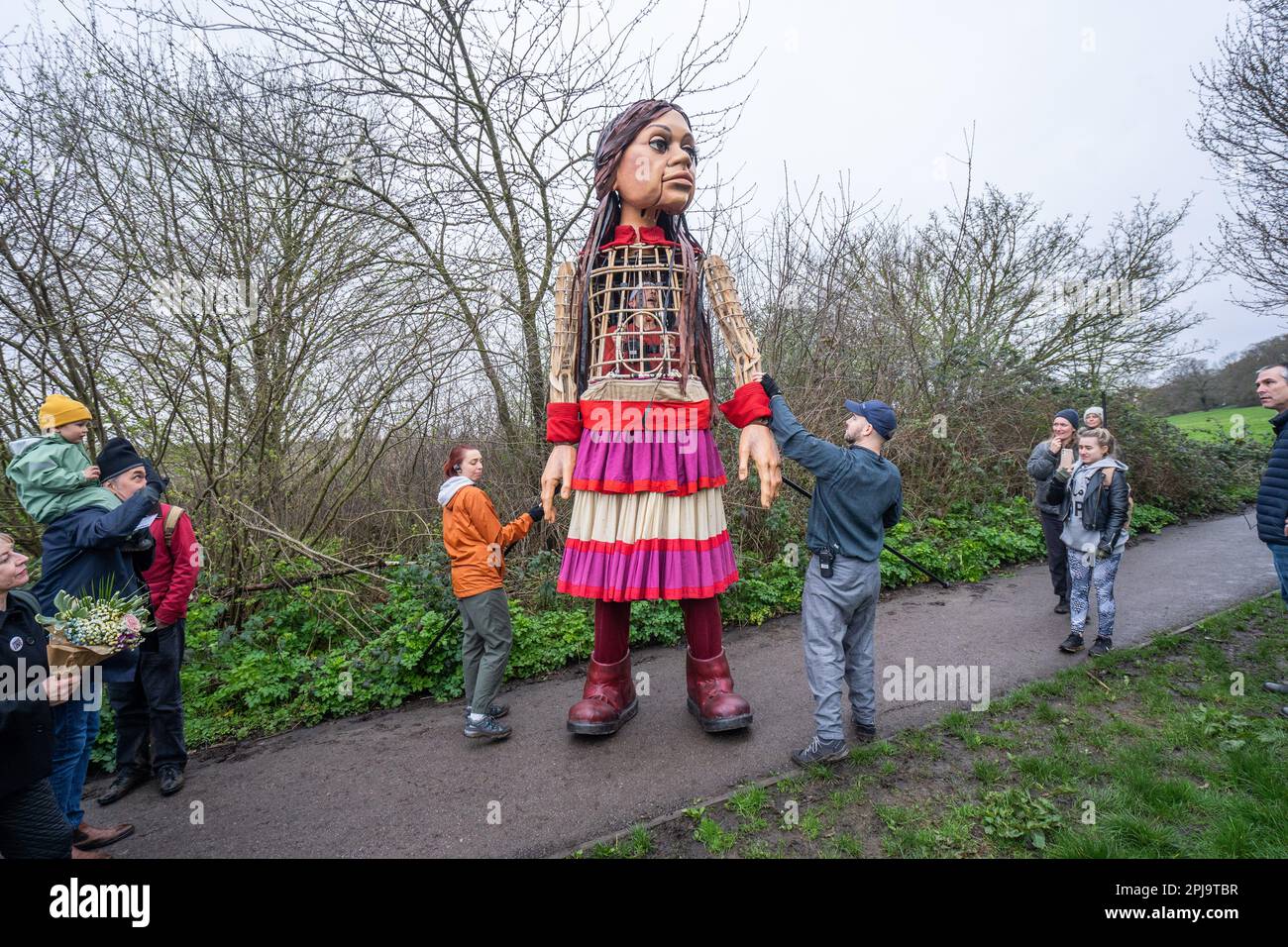 London UK 1 April 2023. Little Amal a 3.5m animatronic giant puppet of ...