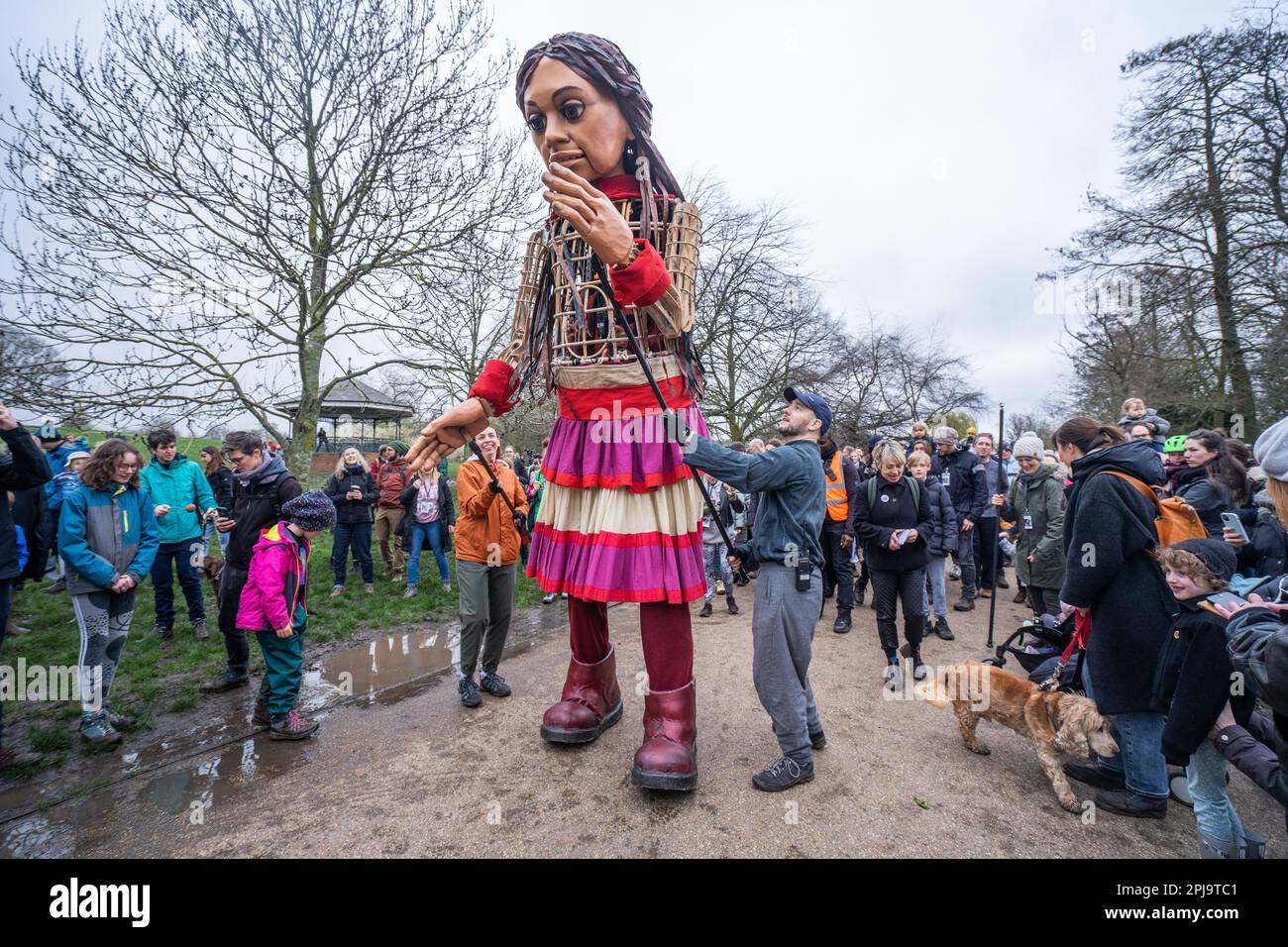London UK 1 April 2023. Little Amal a 3.5m animatronic giant puppet of ...